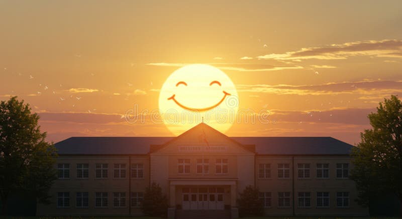 Smiling Sun Over School Building at Sunset Stock Illustration ...