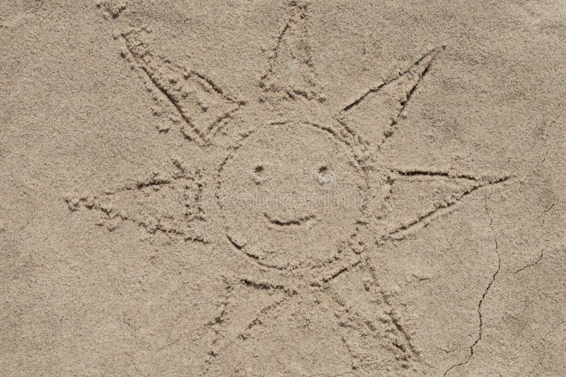 Smiling Sun on Sand Drawing Stock Image - Image of golden, sandy: 148058337