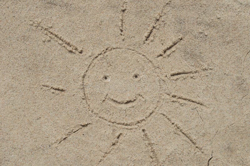 Smiling Sun on Sand Drawing Stock Image - Image of golden, sandy: 148058337