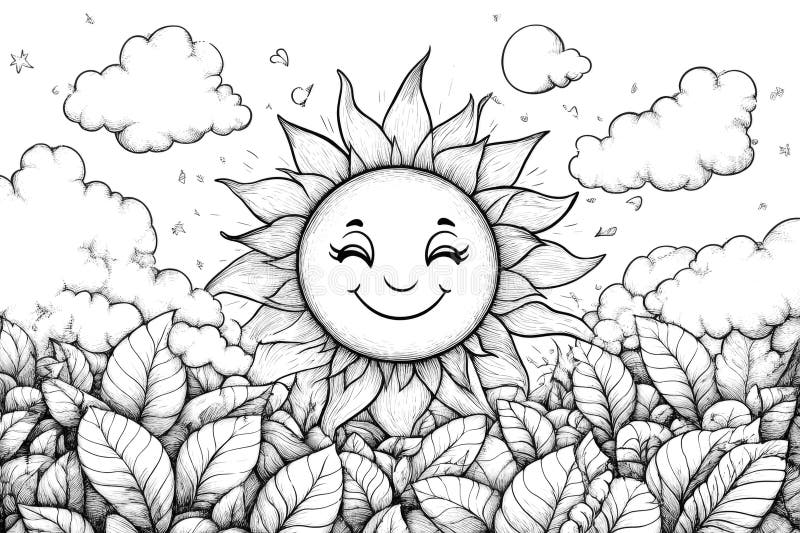 Smiling Sun Shining Over a Field of Flowers Coloring Page Editorial ...