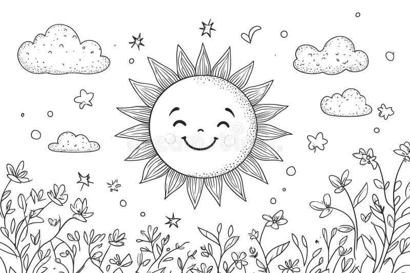 Smiling Sun Shining Over a Field of Flowers Coloring Page Stock ...