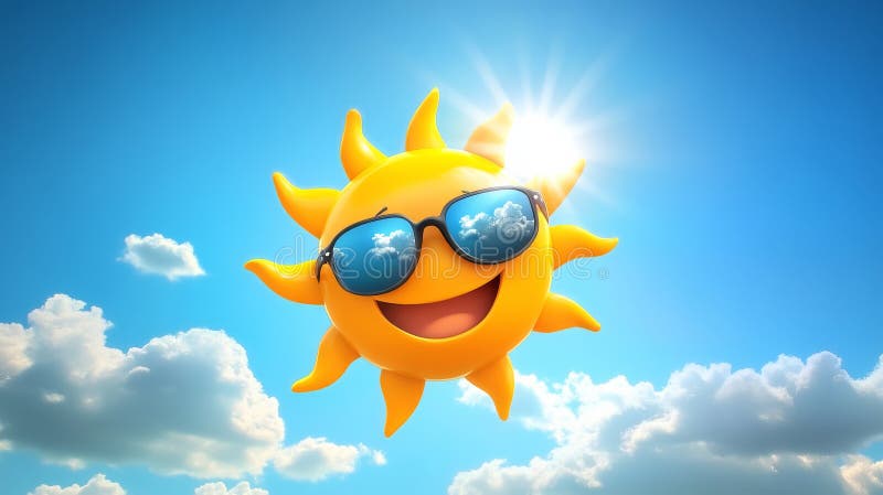 Smiling Sun with Sunglasses among Clouds in a Bright Blue Sky. Summer ...