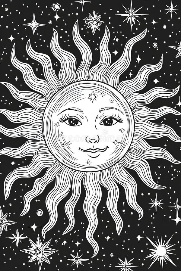 Sun Illustration with Stars and Swirling Rays Generative AI Stock Image ...