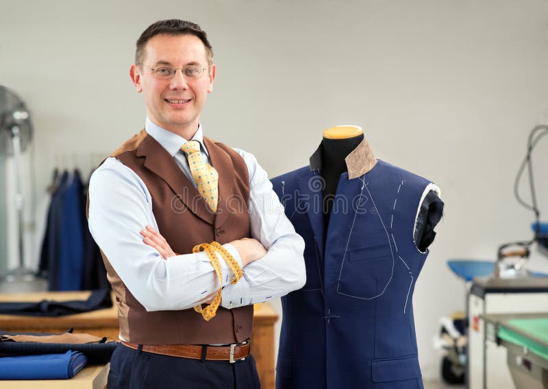 Smiling Tailor in His Workshop Stock Image - Image of craft, arms ...