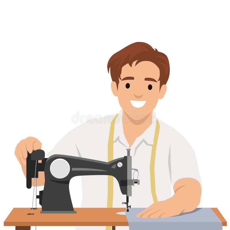 Smiling Tailor is Sewing Fabric Using a Vintage Sewing Machine ...