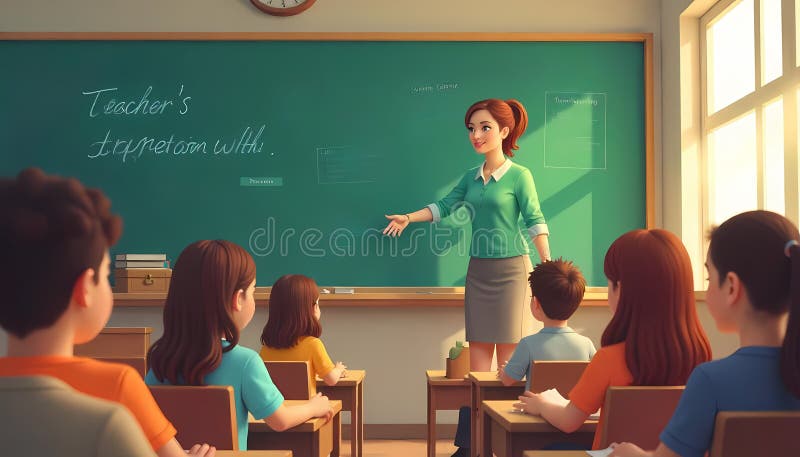 A Smiling Teacher is Presenting a Lesson To Children Inside a Bright ...
