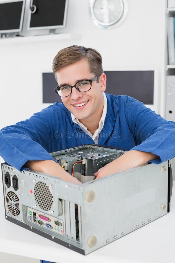 Smiling Technician Working on Broken Computer Stock Image - Image of ...