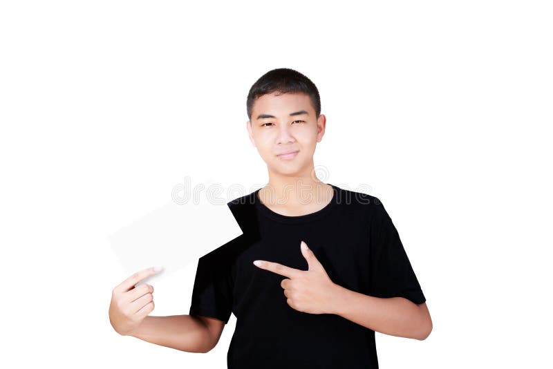 Smiling Teenage Boy Pointing at a Blank Paper Stock Image - Image of ...