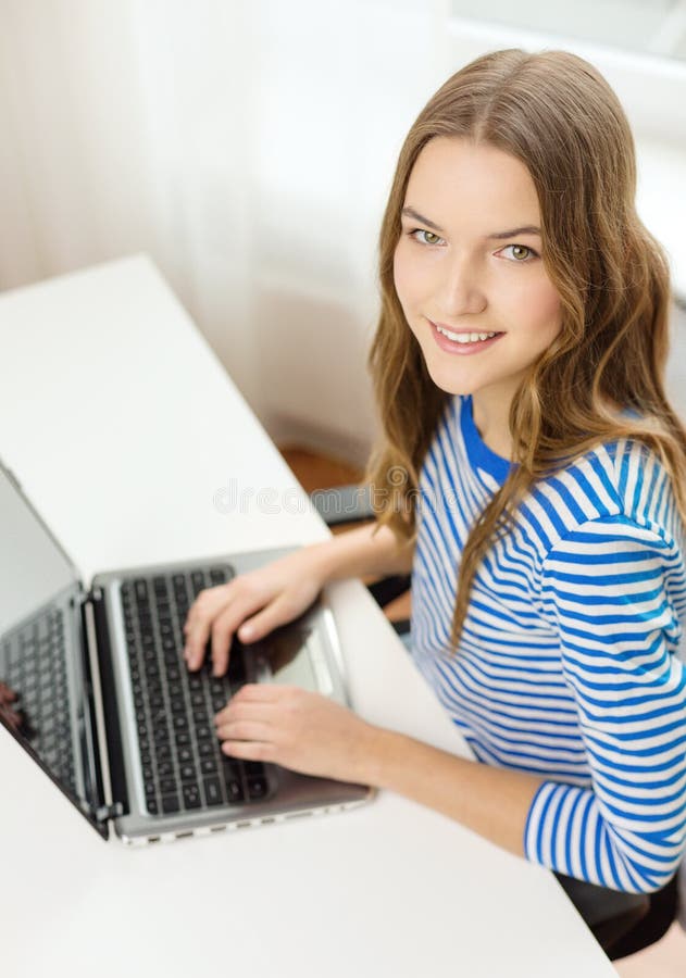 Pretty Girl Working on Laptop Stock Photo - Image of laugh, computer ...