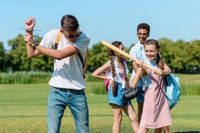Smiling Teenagers Having Fun and Playing Baseball Stock Photo - Image ...