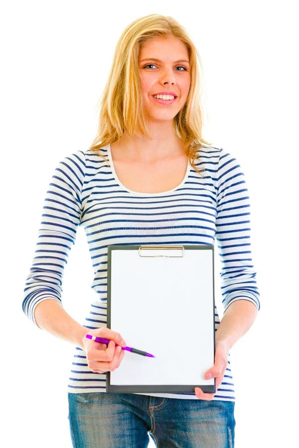 Smiling Teengirl with Clipboard for Signing Stock Photo - Image of ...