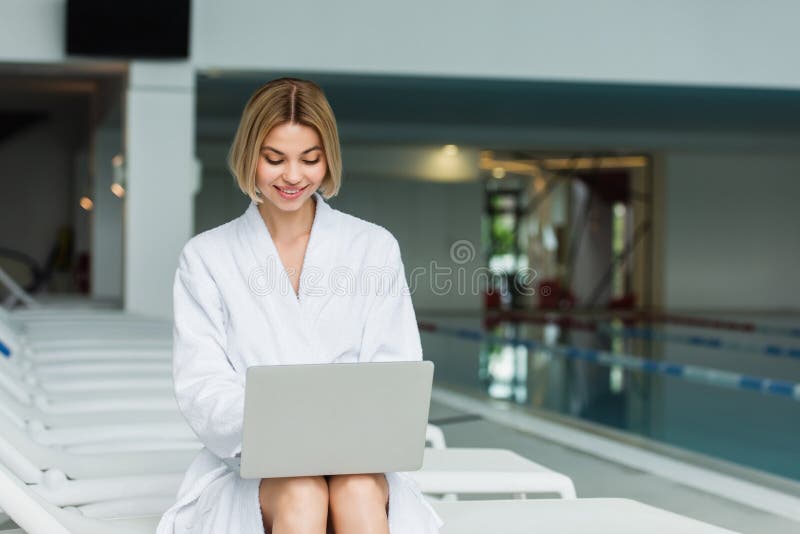 Smiling Teleworker Using Laptop on Deck Stock Photo - Image of emotion ...