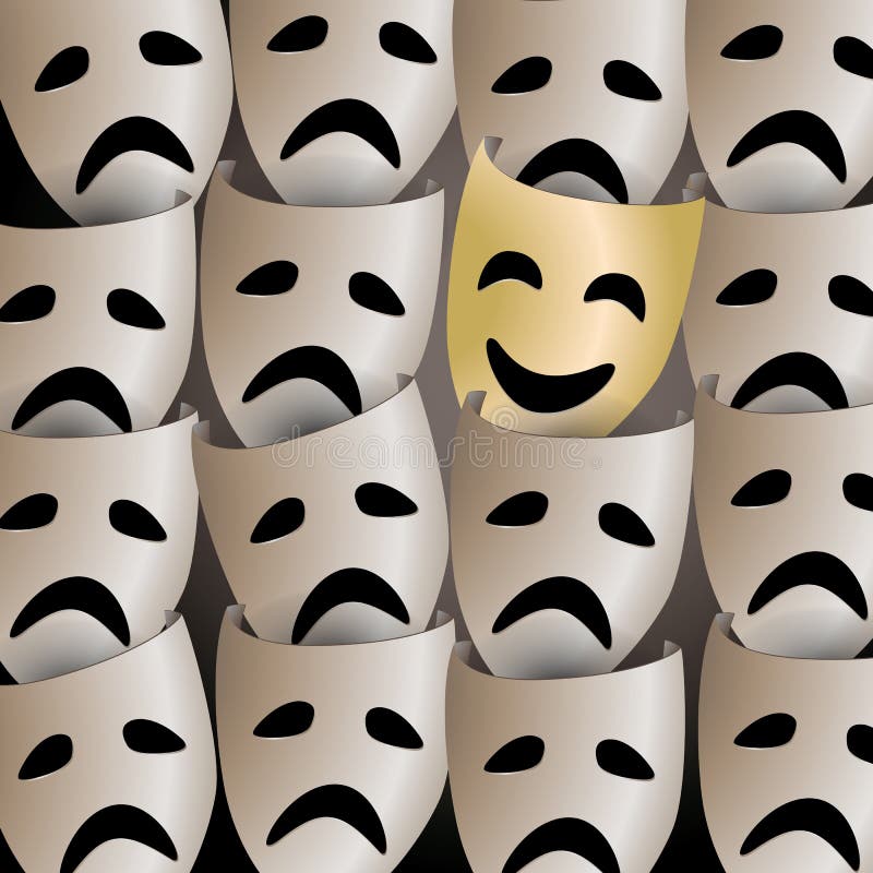 Smiling Theater Mask in a Crowd of Sad Masks Stock Vector ...