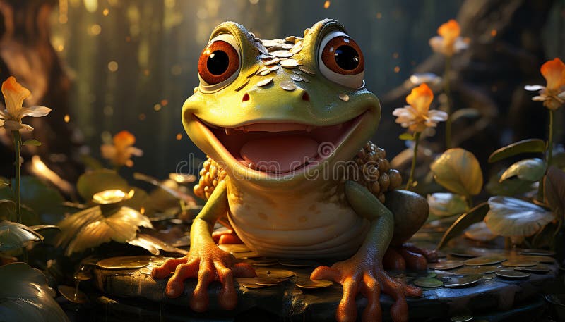 Smiling Toad Sitting in a Green Pond, Surrounded by Nature Generated by ...