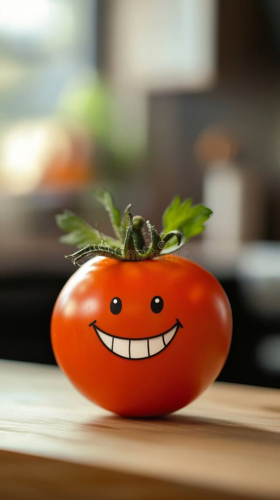 Smiling Tomato with Cartoon Face in Kitchen Setting Stock Image - Image ...