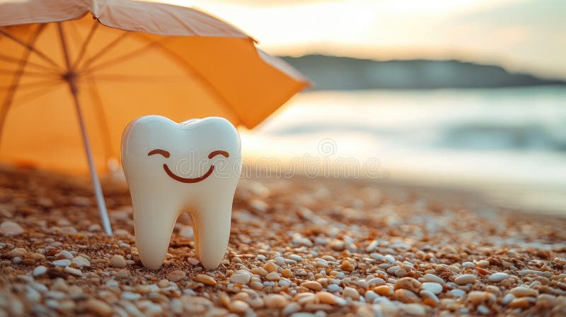 Smiling Tooth on Pebble Beach at Sunset Under Orange Umbrella Stock ...