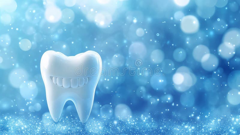 Smiling Tooth Symbol with Sparkles and Light Blue Background Stock ...