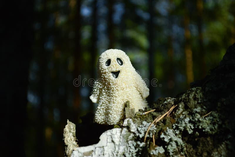A Smiling Toy Ghost Stands on the Bark of a Tree in Chiaroscuro Stock ...
