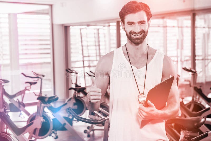 Smiling Trainer Showing Thumb Up Stock Photo - Image of coach ...