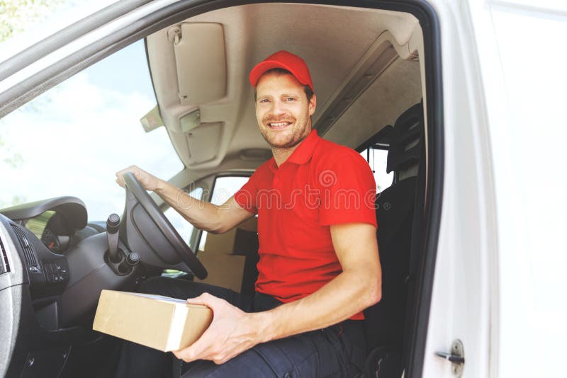 Transportation Service Driver in Red Uniform Sitting in Van with Box in ...