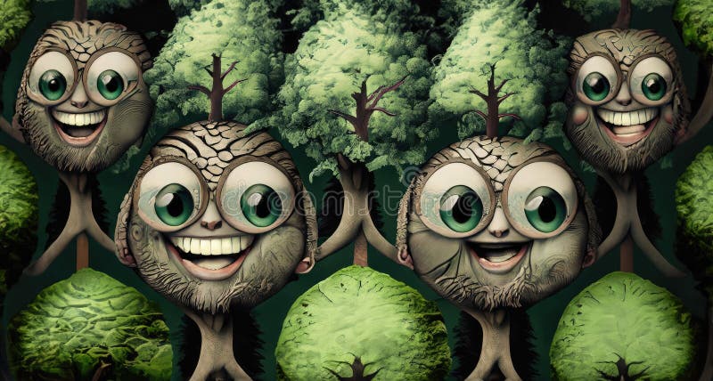 Smiling Tree in a Forest and Sign Promoting Arbor Day, Vector ...