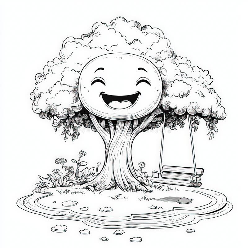 A Smiling Tree with a Swing Hanging from it , Coloring Page for Kids ...