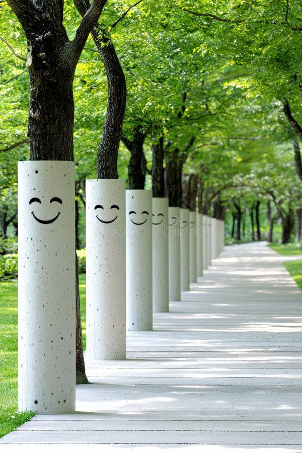 Smiling Trees Line Serene Park Pathway, Creating Cheerful Atmosphere ...