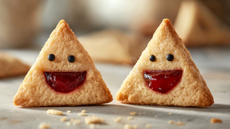 Smiling Triangular Cookies with Fruit Filling on a Rustic Table Setting ...