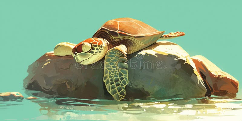 A Smiling Turtle Sunbathing on a Rock Stock Illustration - Illustration ...