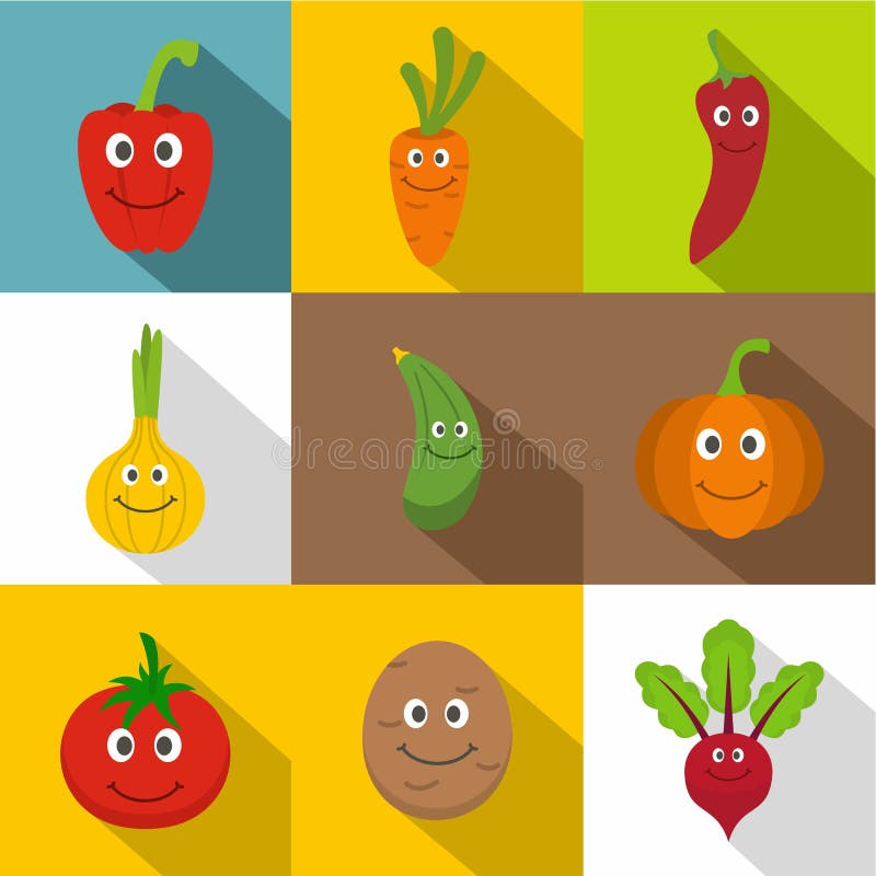 Smiling Vegetables Icons Set, Flat Style Stock Vector - Illustration of ...