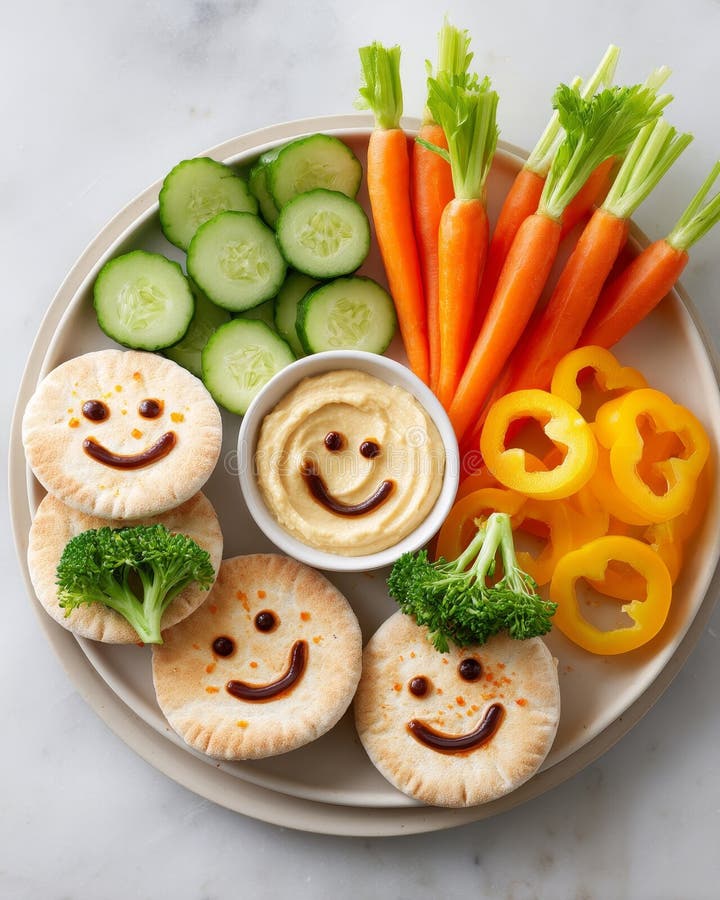 Smiling Veggie Platter with Hummus and Mini Pita Faces for Kids Stock ...