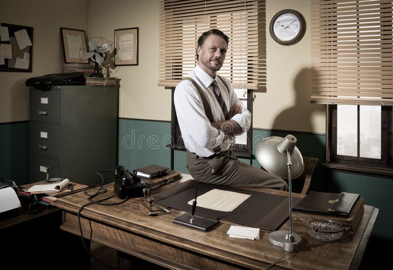 Smiling Vintage Businessman Sitting on Desk Stock Image - Image of ... Smiling Vintage Businessman Sitting on Desk Stock Image - Image of ...