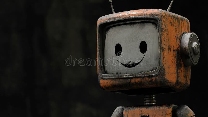 Smiling Vintage Robot with a Rustic Design on a Dark Background Stock ...