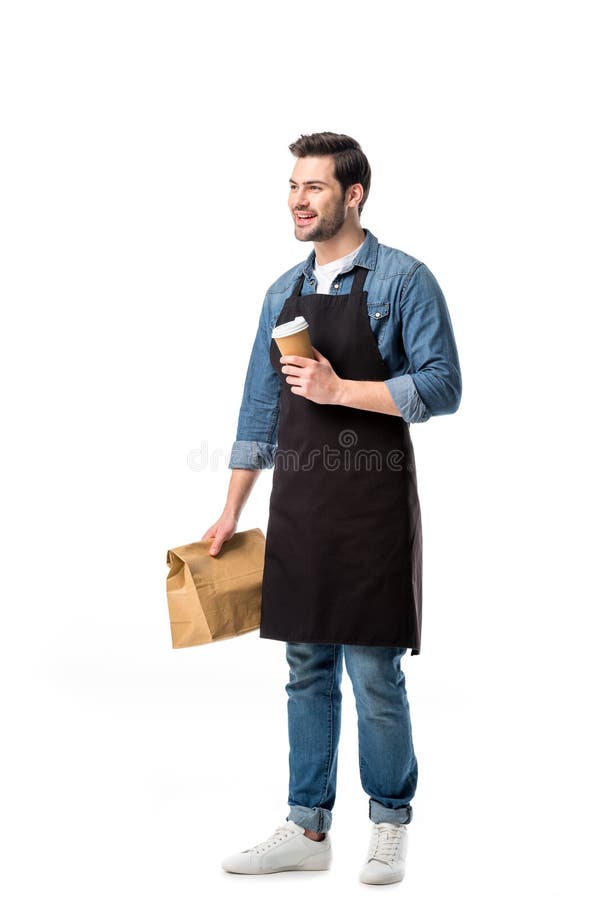 Smiling Waiter in Apron with Order To Go in Hands Stock Image - Image ...
