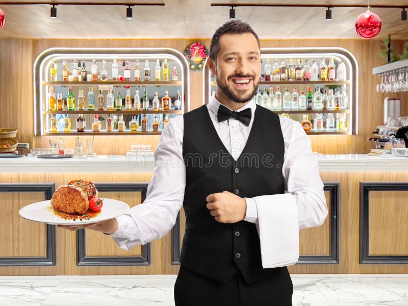 Smiling Waiter Holding a Plate with Meat Stock Image - Image of beef ...