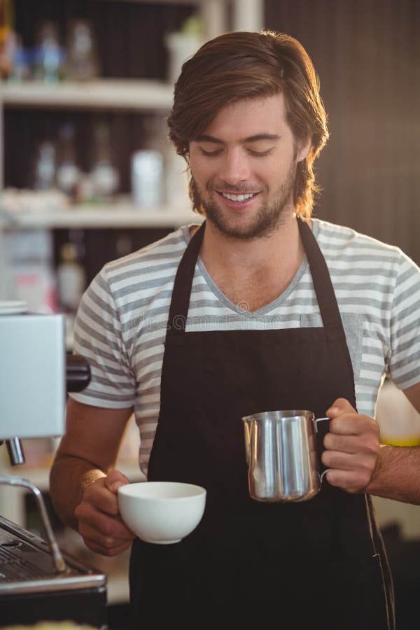 Smiling Waiter Making Cup of Coffee Stock Photo - Image of occupation ...