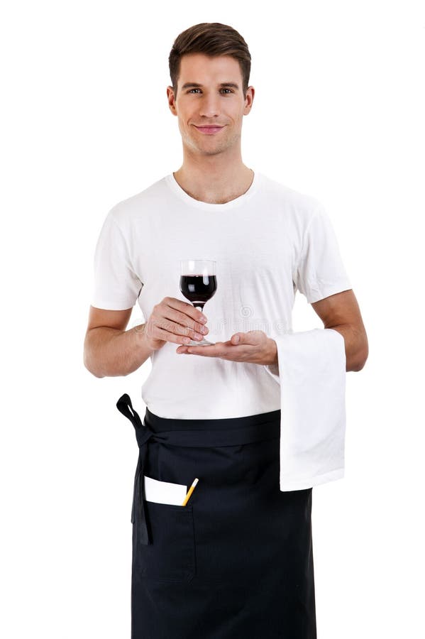Smiling Waiter Serving Red Wine Stock Photo - Image of cafee, service ...
