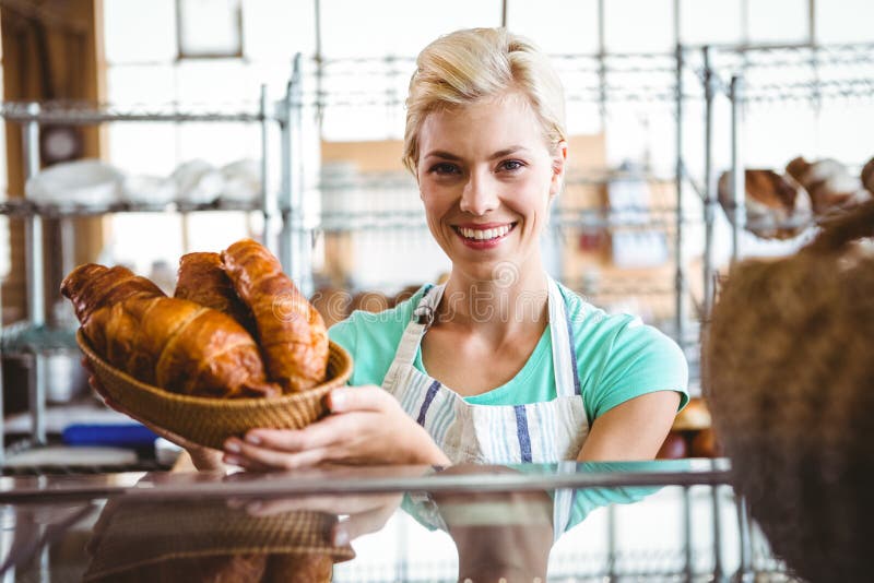 Smiling Waitress Carrying Basket of Bread Stock Image - Image of ...