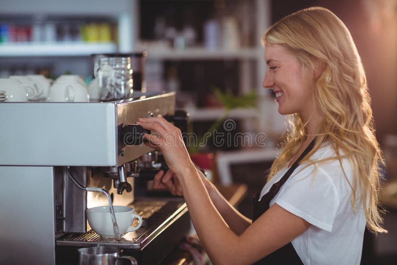 Smiling Waitress Making Cup of Coffee Stock Photo - Image of hotel ...