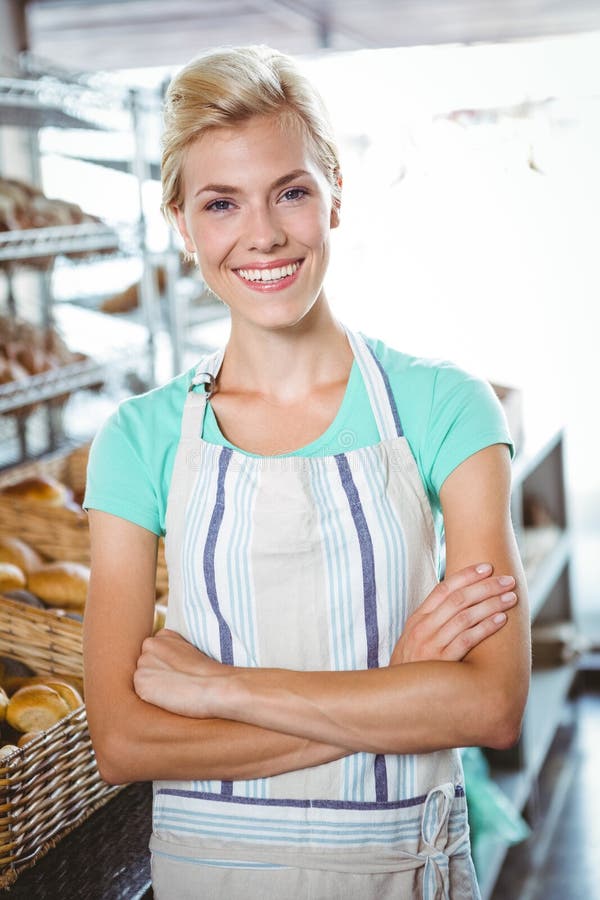 Smiling Waitress Posing Next Basket of Bread Stock Photo - Image of ...