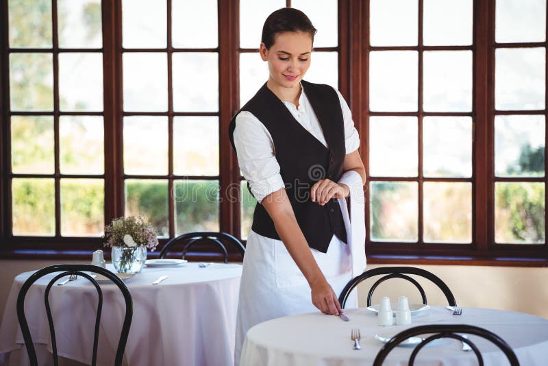 Smiling Waitress Setting the Table Stock Photo - Image of working ...