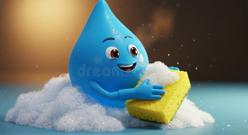 Cartoon Water Drop with Soap and Sponge Stock Illustration ...