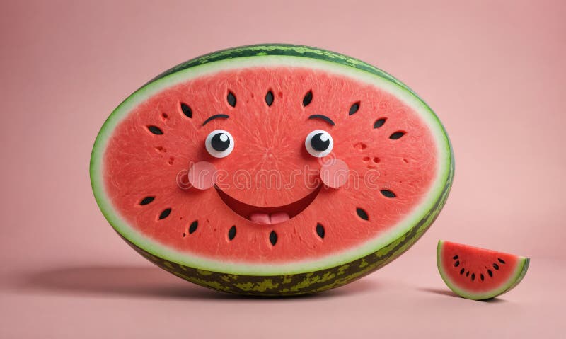 A Smiling Watermelon with a Slice in Front of it Rests on a Pink ...