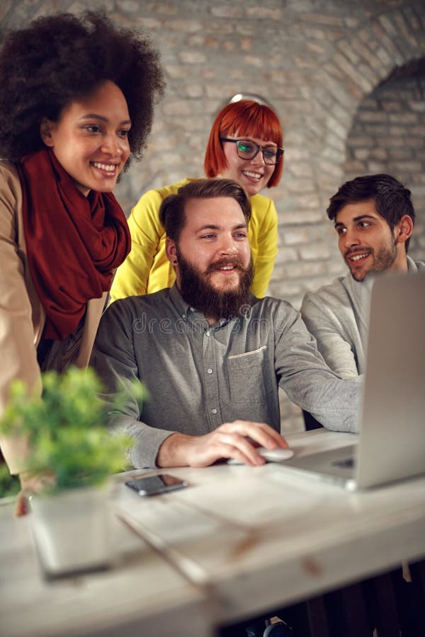 Smiling Web Designers Brainstorming Stock Image - Image of project ...
