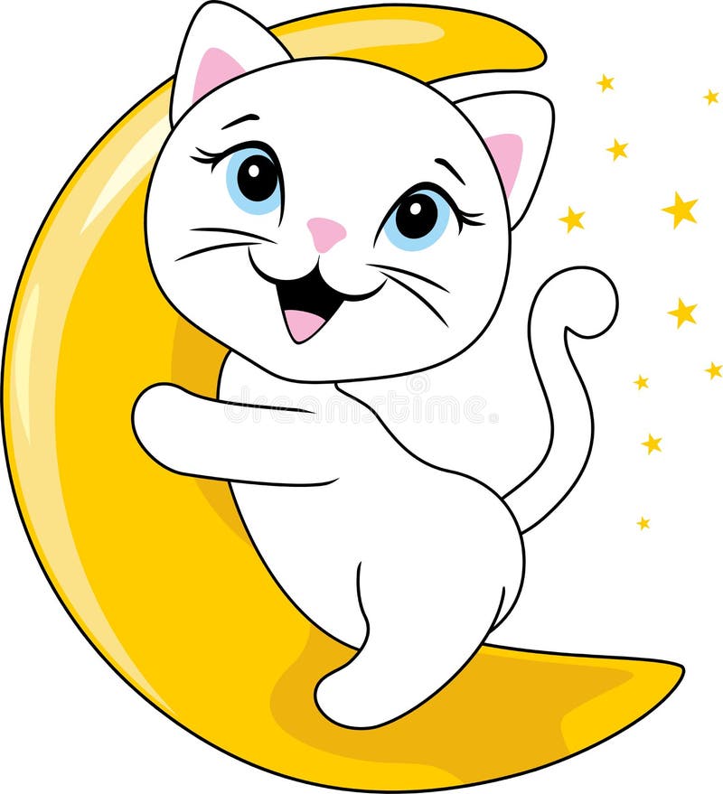 Smiling White Cat Sitting on the Moon Stock Vector - Illustration of ...