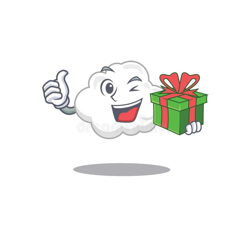Smiling White Cloud Cartoon Character Having a Green Gift Box Stock ...