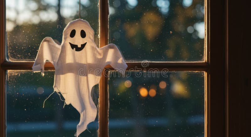 Smiling White Fabric Ghost Hanging on Window Pane Stock Illustration ...