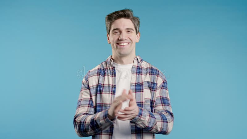 Smiling White Man Claps Hands Congratulating Support Cheering