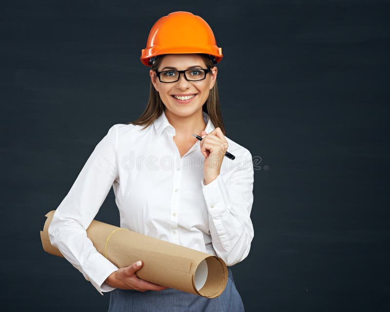Smiling Woman Architect Holding Paper Blueprint. Stock Photo - Image of ... Smiling Woman Architect Holding Paper Blueprint. Stock Photo - Image of ...