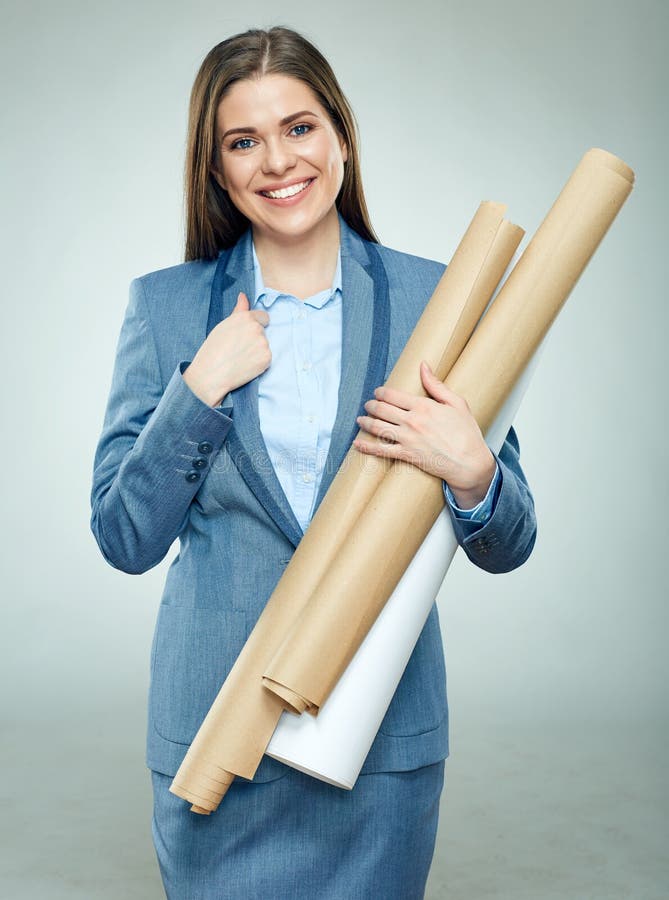 Smiling Woman Architect Holding Paper Plan. Stock Image - Image of suit ... Smiling Woman Architect Holding Paper Plan. Stock Image - Image of suit ...